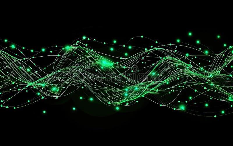 Abstract Green Light Waves with Glowing Points Intertwining Against a ...