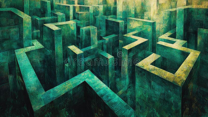 Abstract Green Maze with Geometric Patterns and Textured Surfaces in a ...