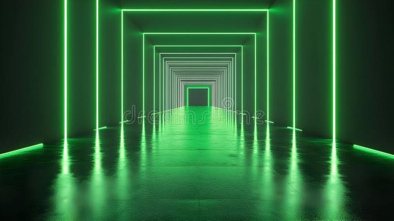 Abstract Green Neon Corridor 3D Rendering Stock Illustration ...