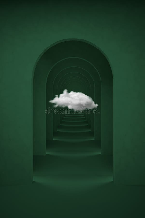 Abstract Green Surreal 3d Render with White Cloud. Arch Corridor ...