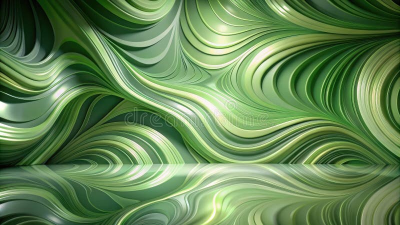 Abstract Green Swirling Waves Background with Reflective Floor ...