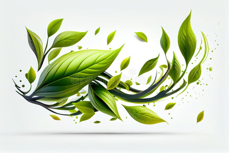 Abstract Green Tea Leaves in Motion on a White Background. Generative ...