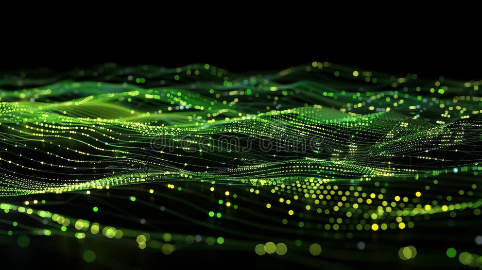 Abstract Green Wavy Lines with Glowing Dots, Data Stream Visualization ...