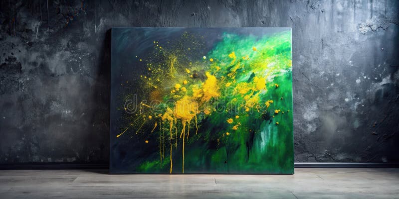 Abstract Green and Yellow Explosion Canvas Art on Dark Wall. Generative ...