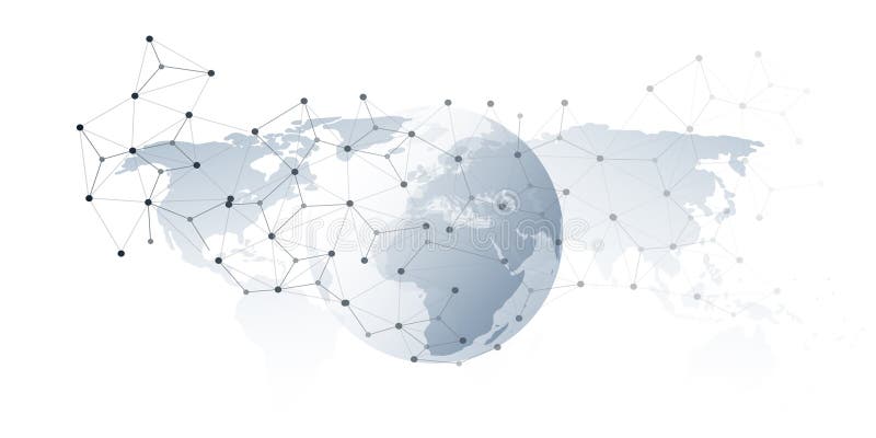 Abstract Grey Globe with 3d Network Points and Lines Connecting Continents Over a Gray World Map ...