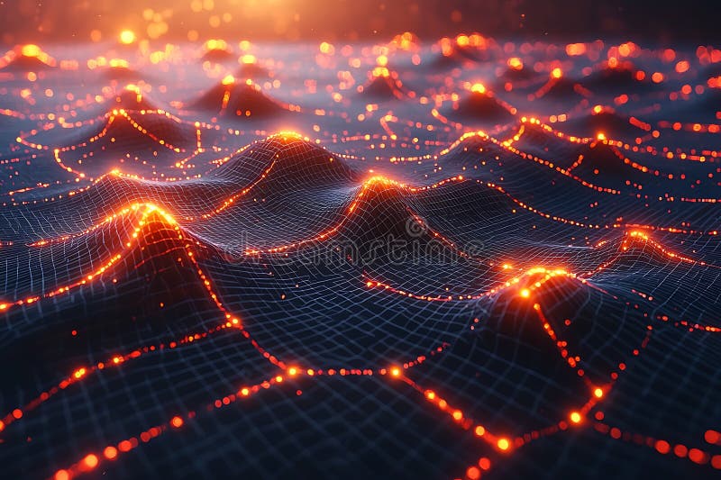 Abstract Grid Landscape with Glowing Orange Lights Stock Image - Image ...