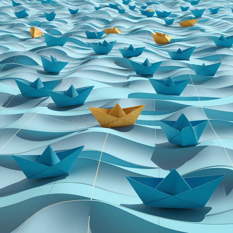 Abstract Grid Surface with Blue Origami Boats and One Distinct Yellow ...