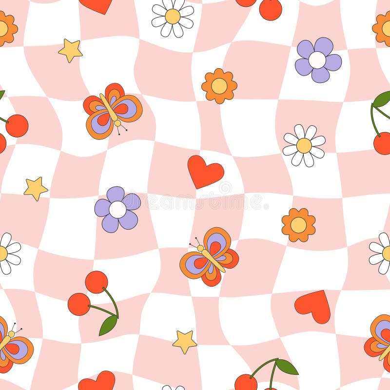 Abstract Groovy Hippie Seamless Patterns. Colorful Outline Elements on ...