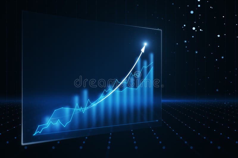 Abstract Growing Blue Business Chart with Arrow on Dark Grid Backdrop ...