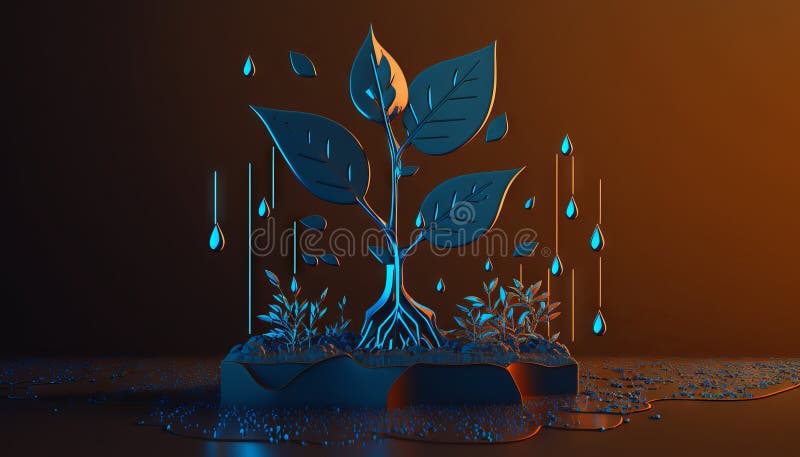 Abstract Growing Plant in Soil with Drop of Water. Low Poly Style ...