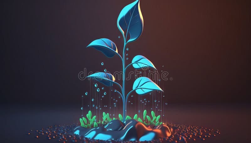 Abstract Growing Plant in Soil with Drop of Water. Low Poly Style ...