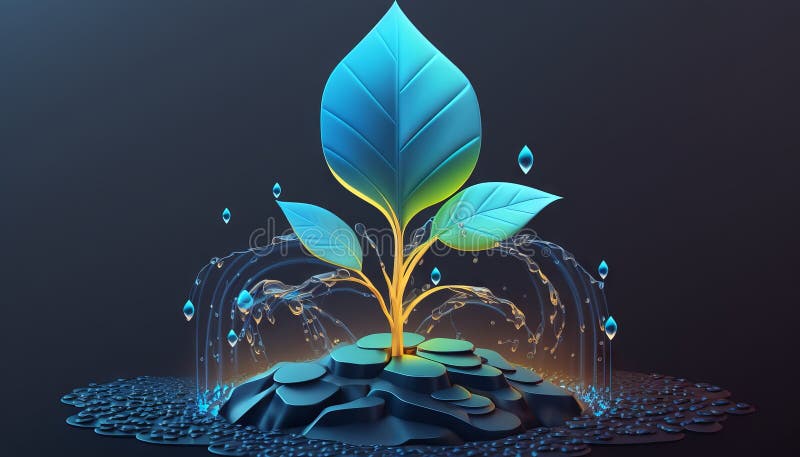Abstract Growing Plant in Soil with Drop of Water. Low Poly Style ...