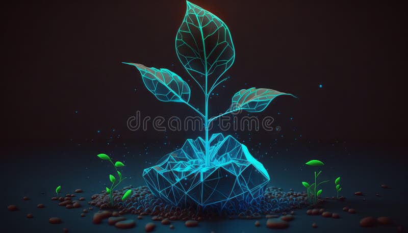 Abstract Growing Plant in Soil with Drop of Water. Low Poly Style ...