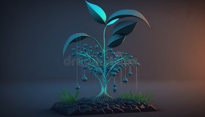 Abstract Growing Plant in Soil with Drop of Water. Low Poly Style ...