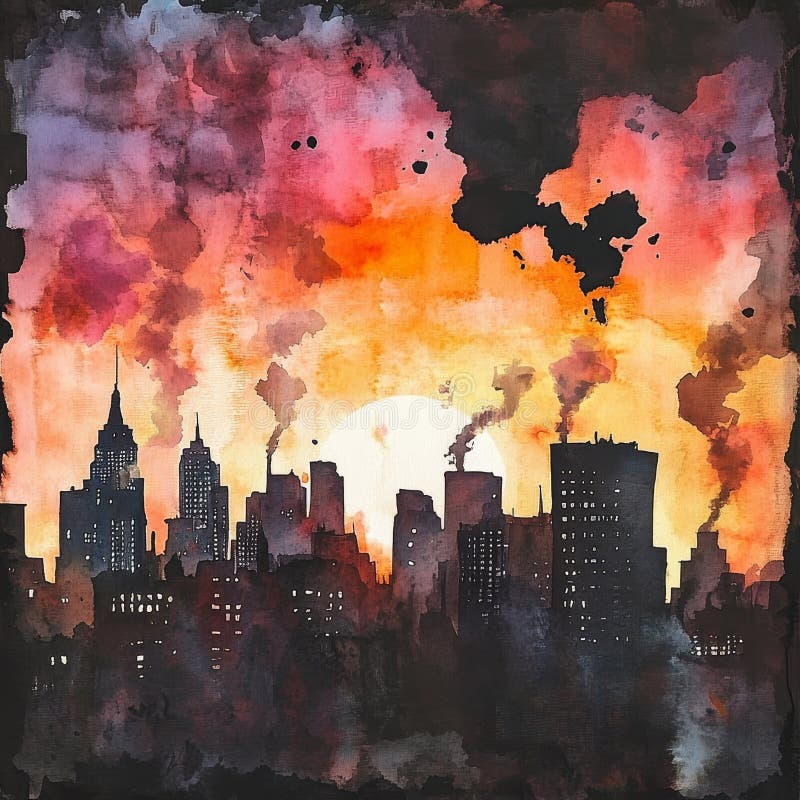 Abstract Grunge Background with Cityscape and Sun. Vector Illustration ...