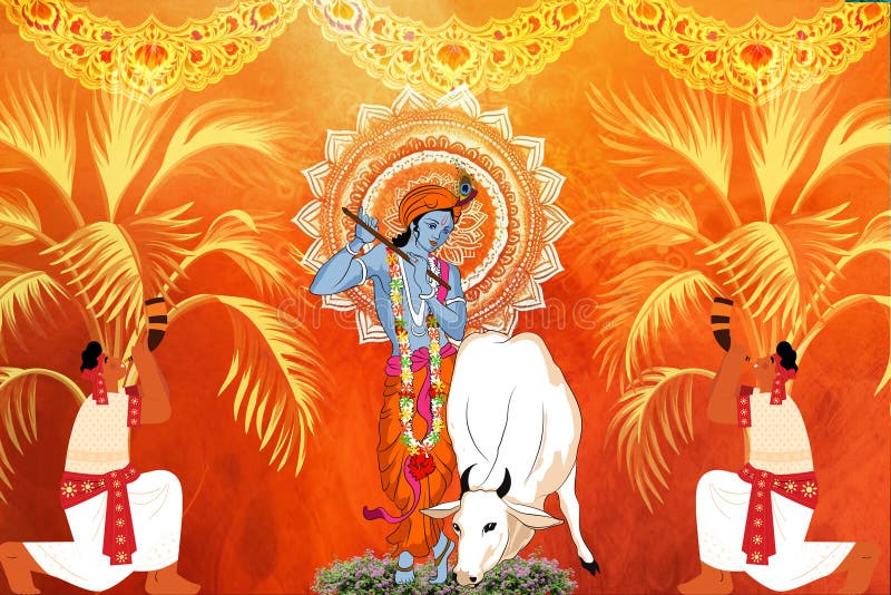 Divine Lord Krishna with Cow and Devotees on Ornamental Background ...