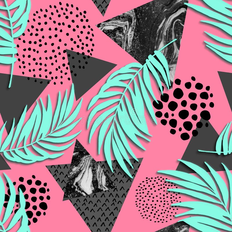 Abstract Grunge Triangle and Exotic Paper Leaves Seamless Pattern ...