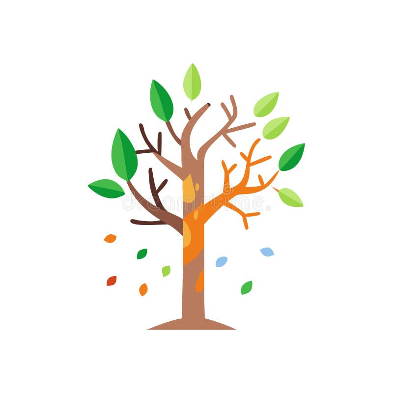 Abstract Half Autumn, Half Spring Tree Illustration with Falling Leaves ...