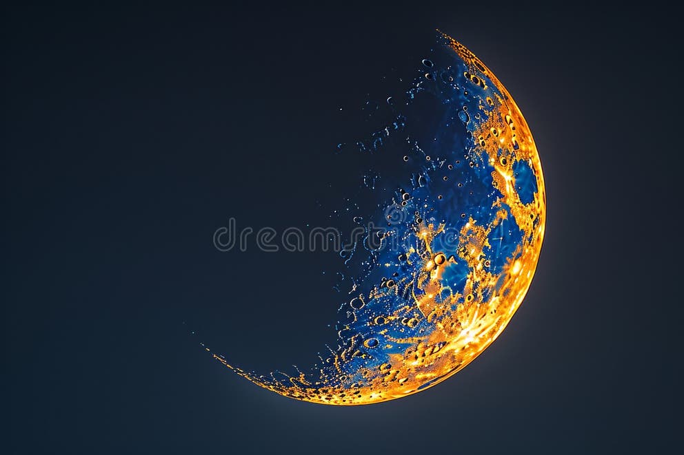 Abstract Half-Moon with Golden Splatter Exploding in Dark Space Stock ...