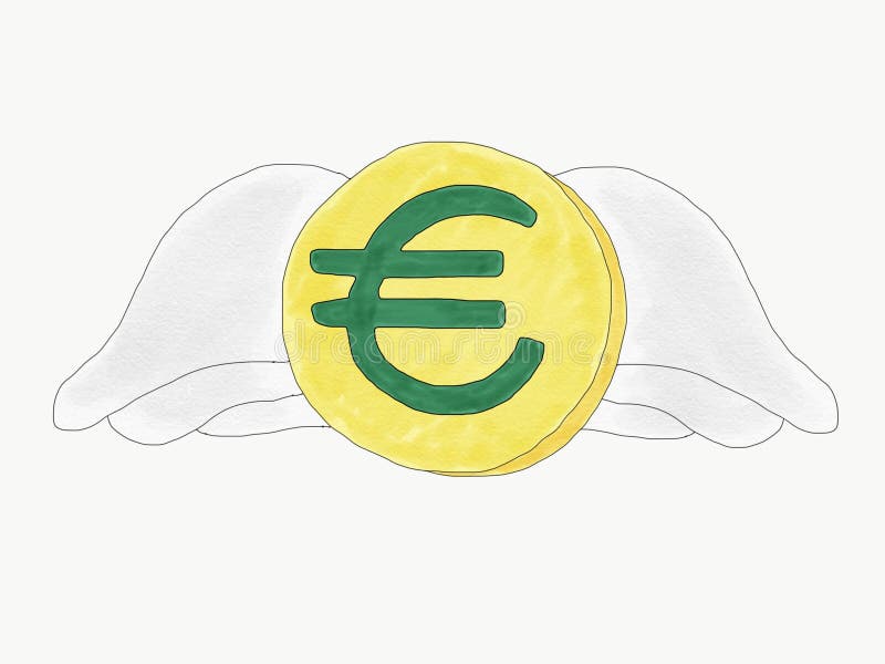 Abstract Hand Draw Doodle Euro Coin with Wings Isolate, Weak of Euro ... Abstract Hand Draw Doodle Euro Coin with Wings Isolate, Weak of Euro ...