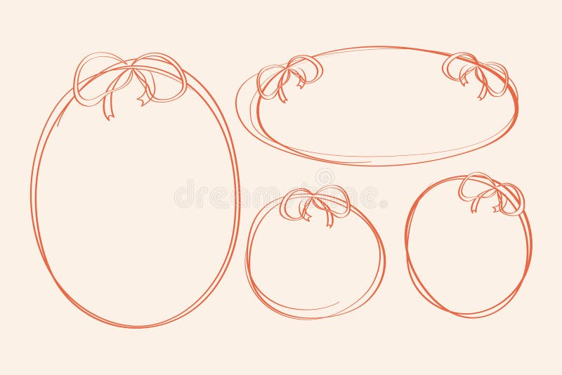 Round, Oval Frames with Ribbon Bows Set. Cute Linear Doodle Hand Drawn ...