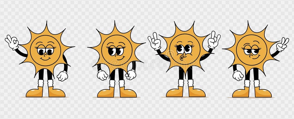 Retro Sun Cartoon Characters. Cute Symbols, Mascot with Faces ...