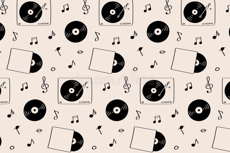 Seamless Pattern with Vinyl Records, Notes, and Clefs Black and Beige ...