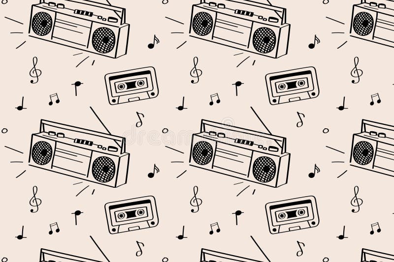 Seamless Retro Music Pattern with Boombox, Cassette, and Musical Notes ...
