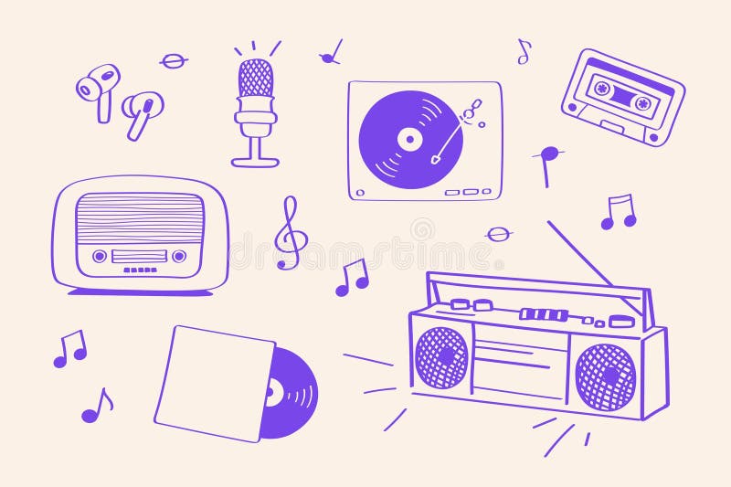 Retro Music Elements Set Cassette, Boombox, Turntable, Microphone ...