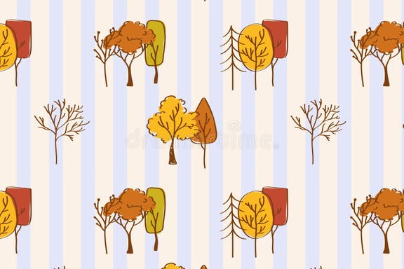 Seamless Fall Tree Pattern with Pastel Blue Stripes. Stock Vector ...