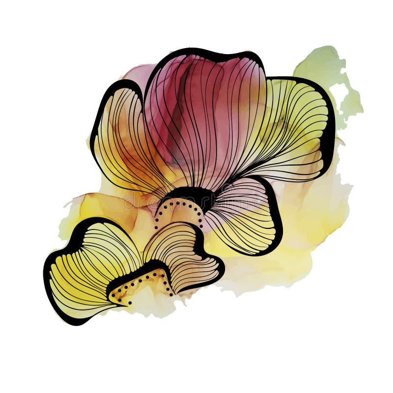 Abstract Hand Drawn Flowers And Watercolor Blob Vector Illustration