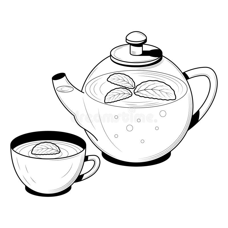 Abstract Hand Drawn Kitchen Stuff Kettle Leaves with Cup of Tea Meal ...