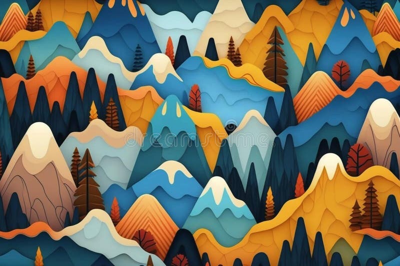 Abstract Hand Drawn Pattern of Landscape with Mountains. Stock ...