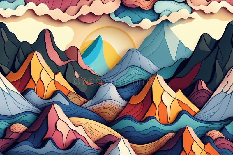 Abstract Hand Drawn Pattern of Landscape with Mountains. Stock ...