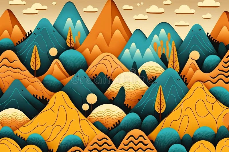 Abstract Hand Drawn Pattern of Landscape with Mountains. Stock ...