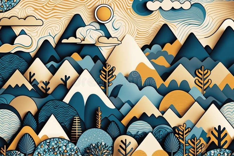 Abstract Hand Drawn Pattern of Landscape with Mountains. Stock ...