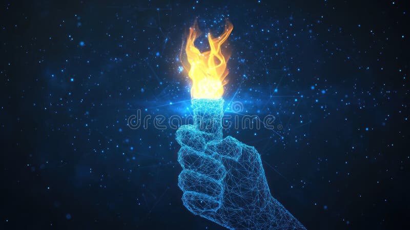 Abstract Hand Holding Flaming Torch in Digital Space Stock Illustration ...