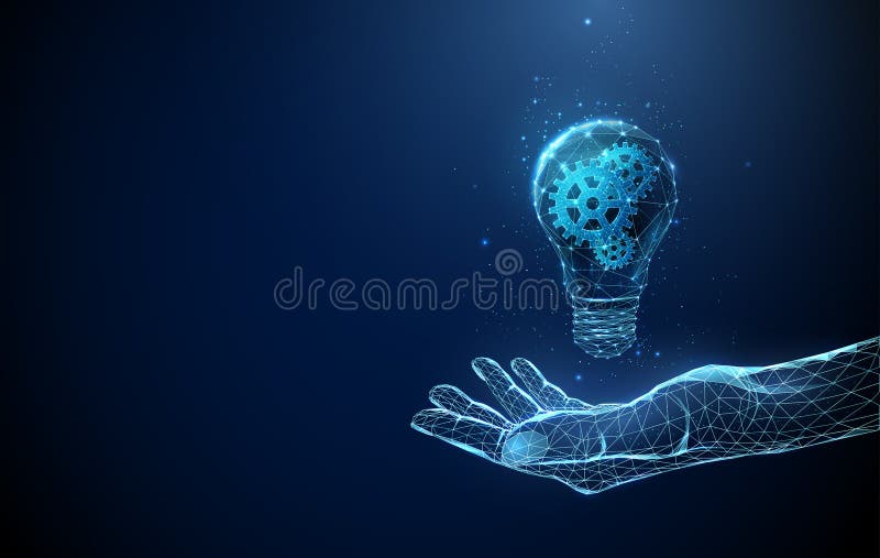 Abstract Hand Holding Light Bulb with Cog Wheels Inside. Low Poly Style ...