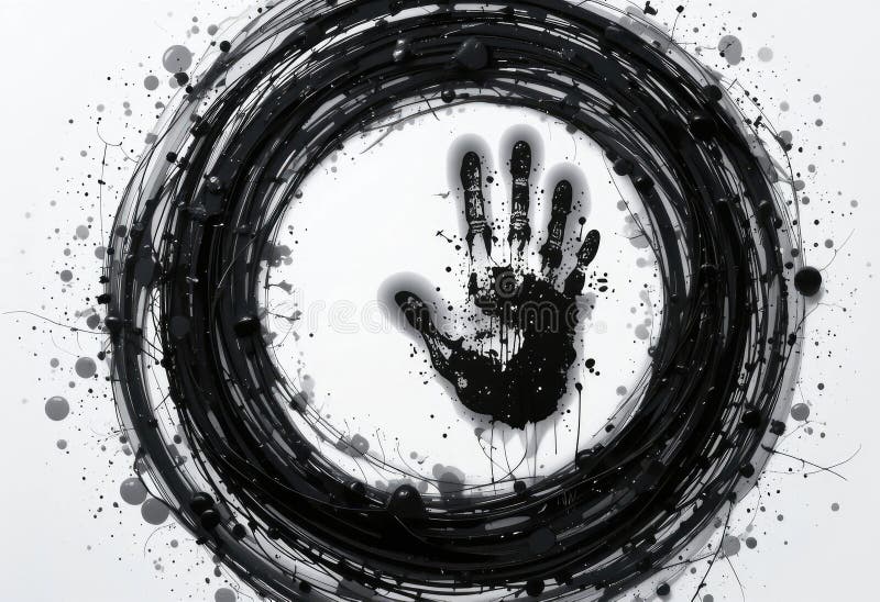 Abstract Handprint with Black Paint Splatter Design on White Background ...