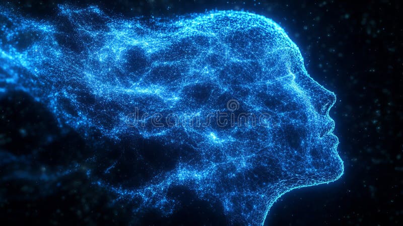Abstract Head Profile, Blue Glowing Particles Flowing in Digital Space ...