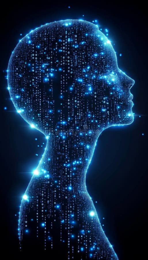 Abstract Head Profile with Glowing Blue Circuit Paths, Binary Numbers ...