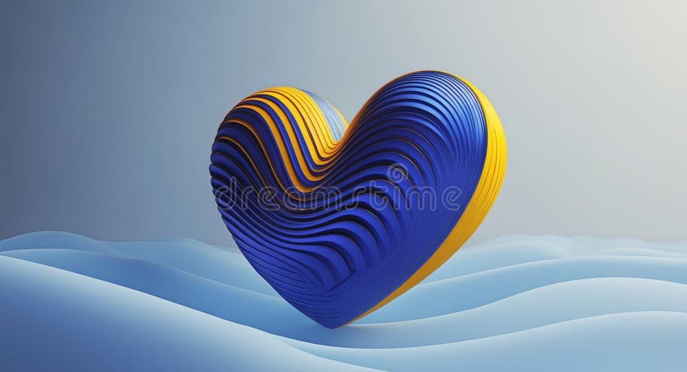 Abstract Heart in Blue and Yellow on Wavy Surface, Symbolizing Unity ...