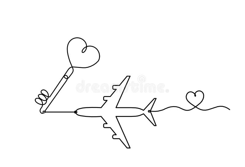 Abstract Heart-key with Plane As Continuous Line Drawing on White Stock ...