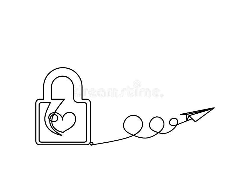 Abstract Heart-lock with Paper Plane As Continuous Line Drawing on ...