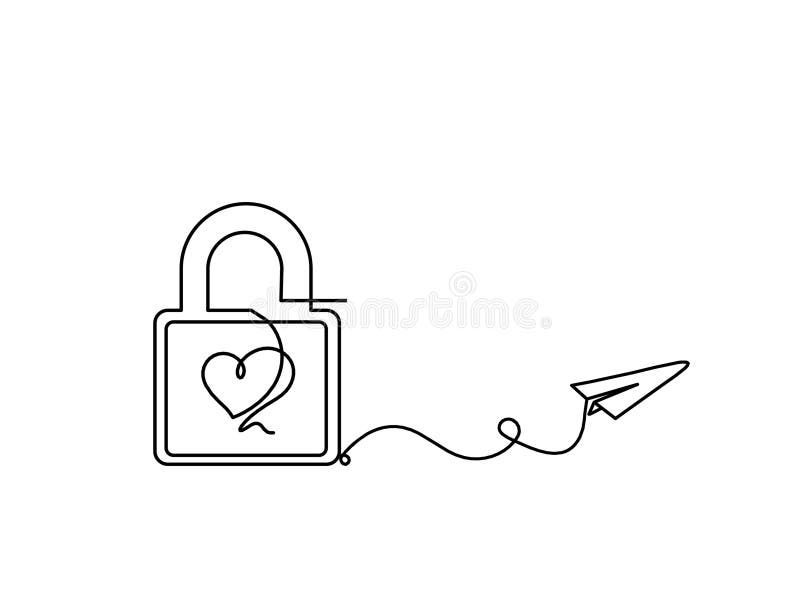 Abstract Heart-lock with Paper Plane As Continuous Line Drawing on ...