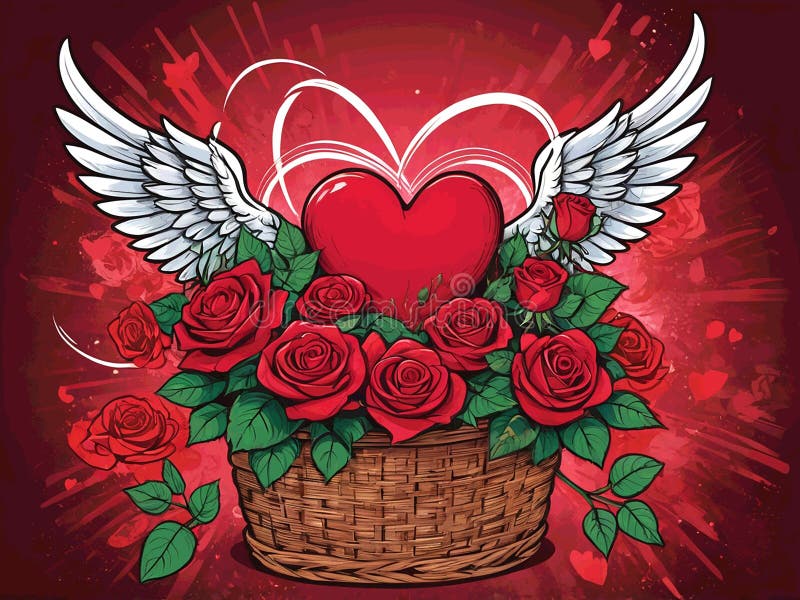 Abstract Heart with Wings Flying Roses Basket Pop Art Comic Stock ...