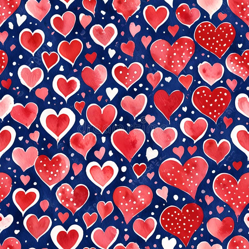 Abstract Hearts Seamless Pattern in Navy, White and Red Stock ...