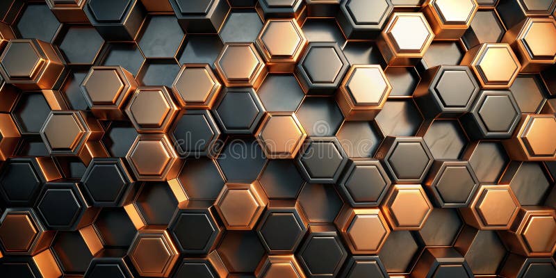 Abstract Hexagon Composition Metallic Gold and Black 3D Render Stock ...