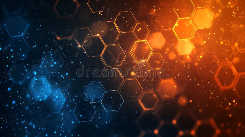 Abstract Hexagon Network Futuristic Technology Background with Glowing Blue and Orange Particles ...