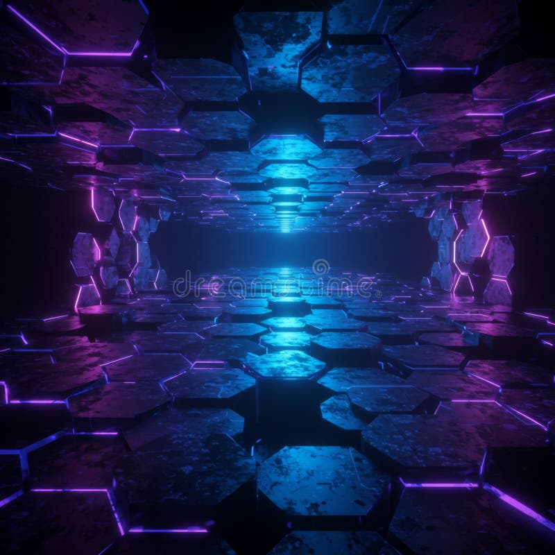 Abstract Hexagon Tunnel with Neon Purple and Blue Lights Stock ...
